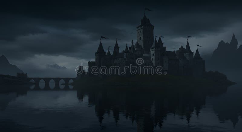 Mysterious Castle Reflecting on Dark Water Under a Cloudy Sky Stock ...