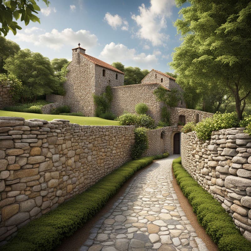Mysterious Castle with Stone Paths Stock Illustration - Illustration of ...