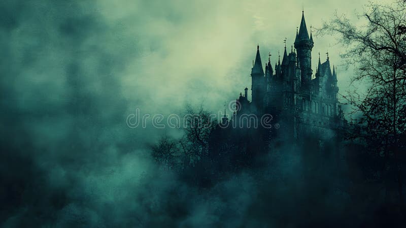 Mysterious Castle Surrounded by Mist and Bats Stock Illustration ...