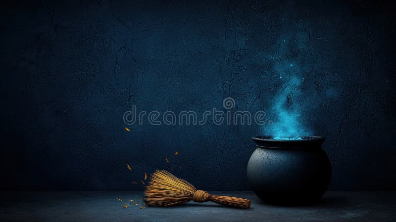 Mysterious Cauldron with Blue Smoke and a Broom on a Dark Background ...