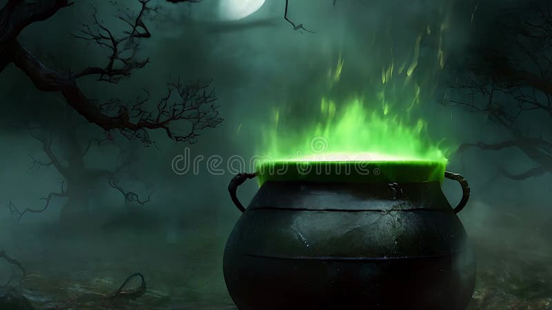 Mysterious Cauldron Brews in Dark Forest Under the Moonlight at Night ...