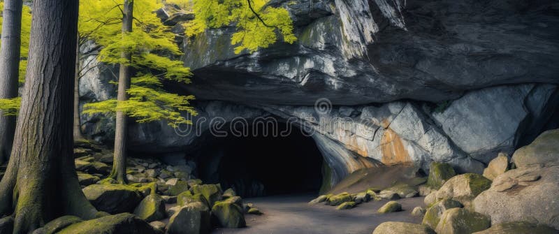 Mysterious Cave Entrance in a Rocky Forest. Stock Image - Image of ...