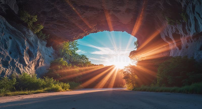 Mysterious Cave Entrance at Sunset with Dramatic Natural Light Beams ...