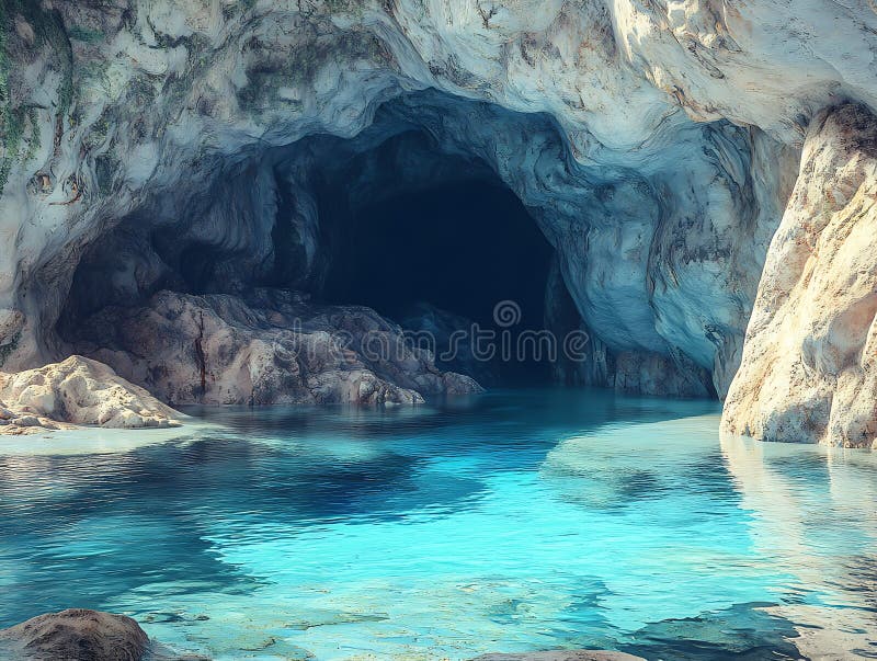 A Mysterious Cave Entrance with Turquoise Water Stock Illustration ...