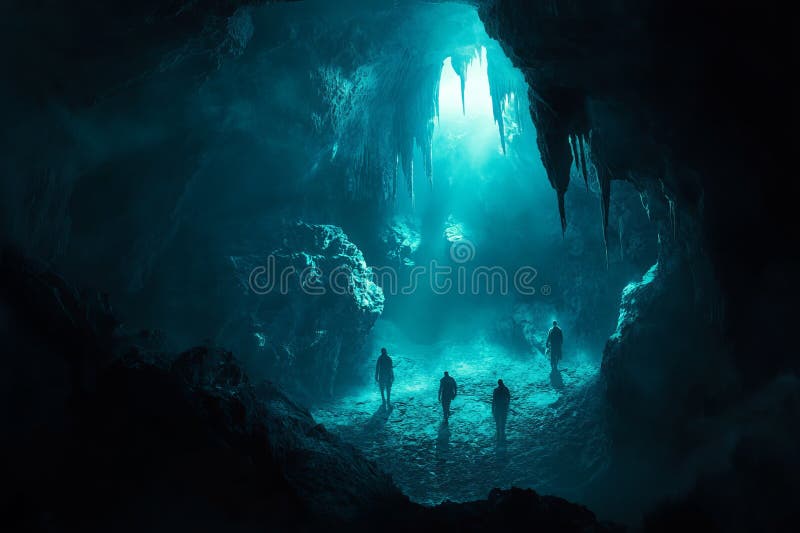 Mysterious Cave Exploration with Silhouetted Figures in Blue Light ...