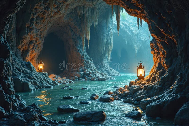 Mysterious Cave with Flowing River and Lanterns Illuminating ...