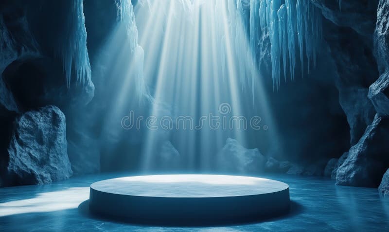 Mysterious Cave with Illuminated Platform, Icy Stalactites, and ...