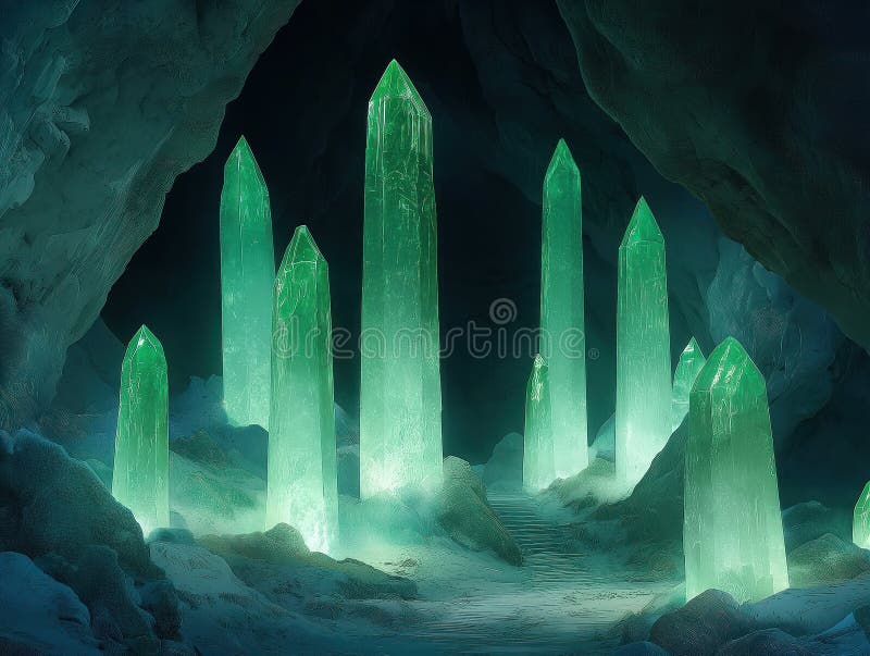 Mysterious Cave Interior Filled with Glowing Green Crystals. Rocks ...