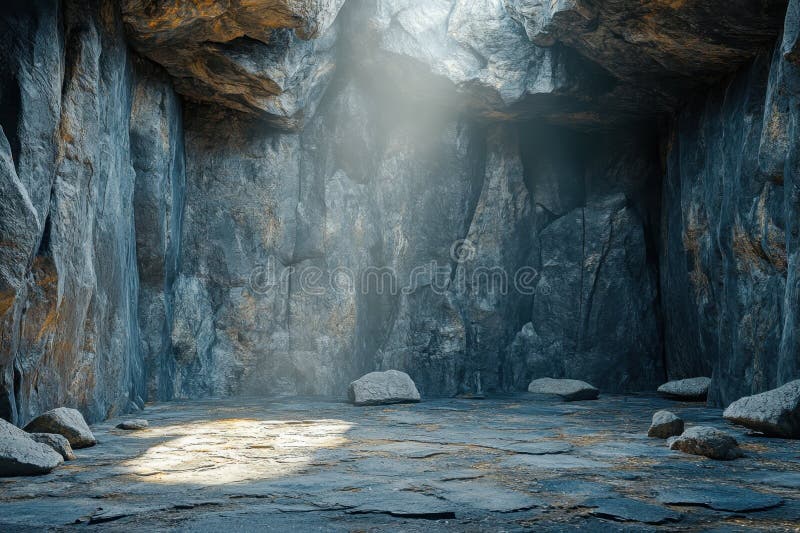 Mysterious Cave Interior with Sunlight Streaming Down on Tranquil Rocky ...