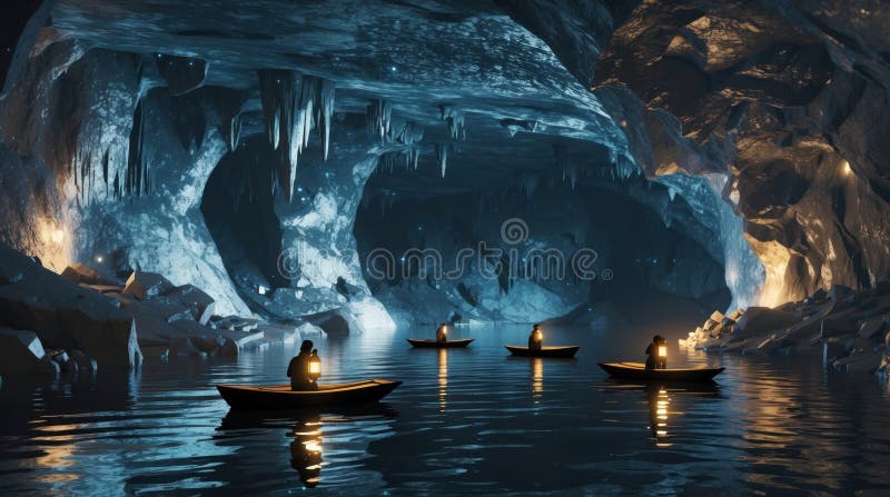 Mysterious Cave Lake with Boats and Lanterns Stock Illustration ...