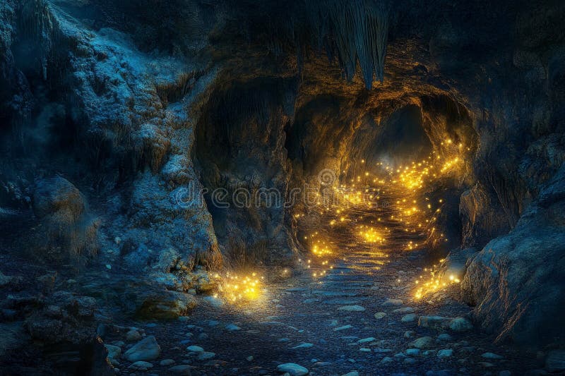 Mysterious Cave Pathway with Sparkling Lights and Unique Rock ...