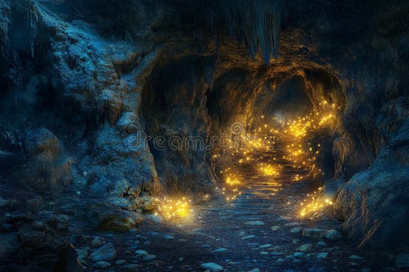Mysterious Cave Pathway with Sparkling Lights and Unique Rock ...