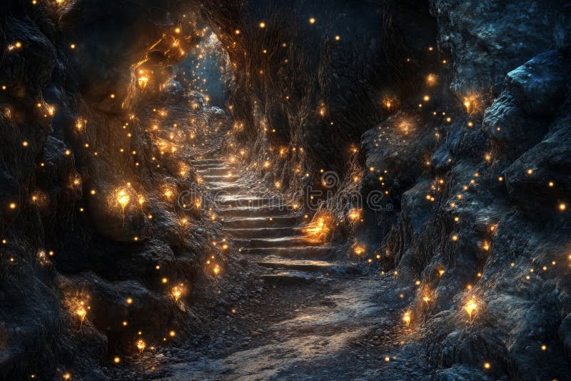 Mysterious Cave Pathway with Sparkling Lights and Unique Rocks Leading ...