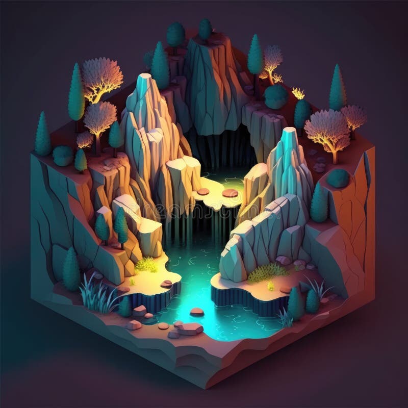 Mysterious Cave and a River of Light, Isometric Low Poly View AI ...