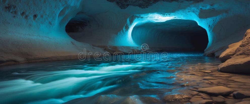Mysterious Cavern with a Rapidly Flowing River Under a Soft Blue Glow ...