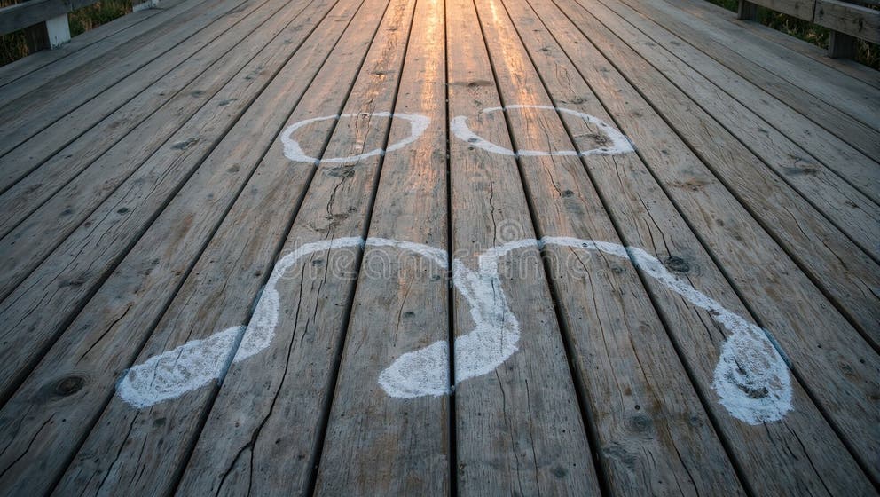 Mysterious Chalk Outline on Aged Boardwalk at Sunset Stock Illustration ...