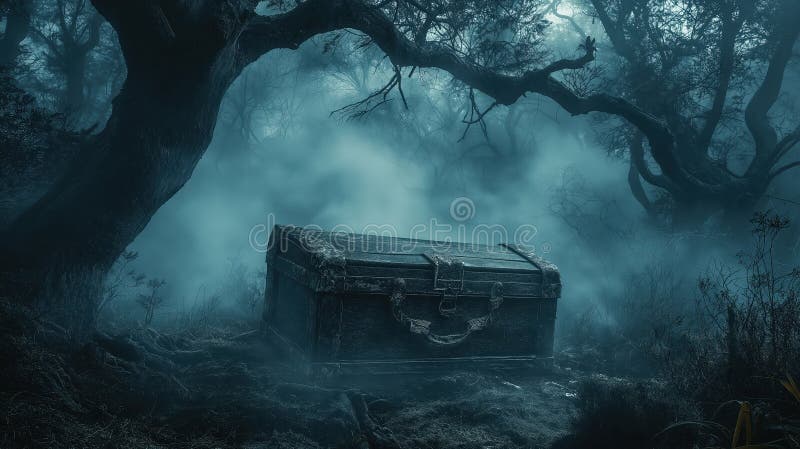 Mysterious Chest in Eerie Misty Forest with Gnarled Trees at Night ...