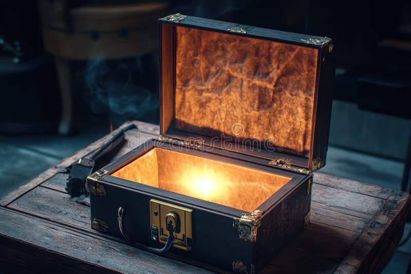 Mysterious Chest Emits Warm Light in a Rustic Workshop at Dusk Stock ...