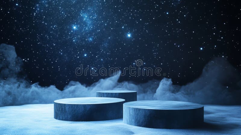 Mysterious Circular Platforms Illuminated Under a Starry Night Sky with ...