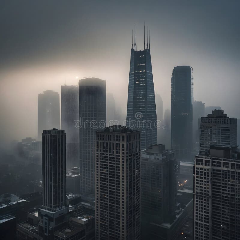 Mysterious Cityscape Featuring Skyscrapers Looming through a Dense Fog ...