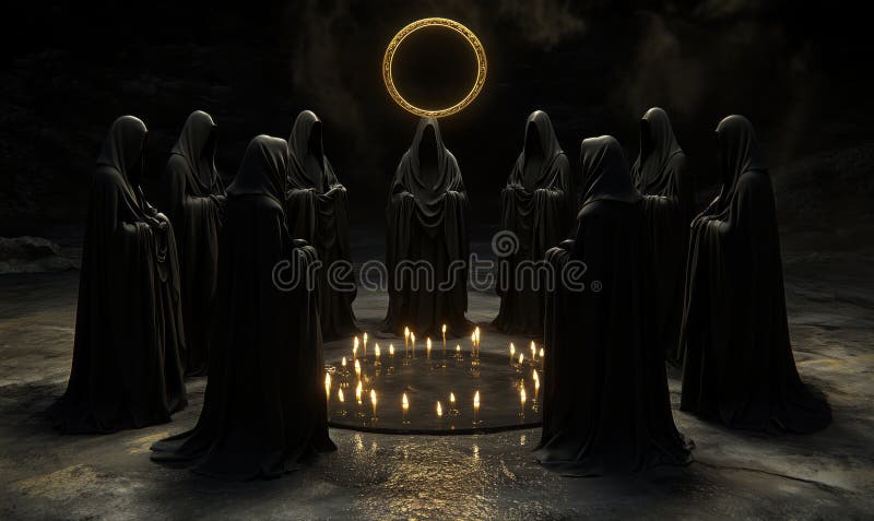 Mysterious Cloaked Figures Performing Ritual in Dark Cave with Glowing ...