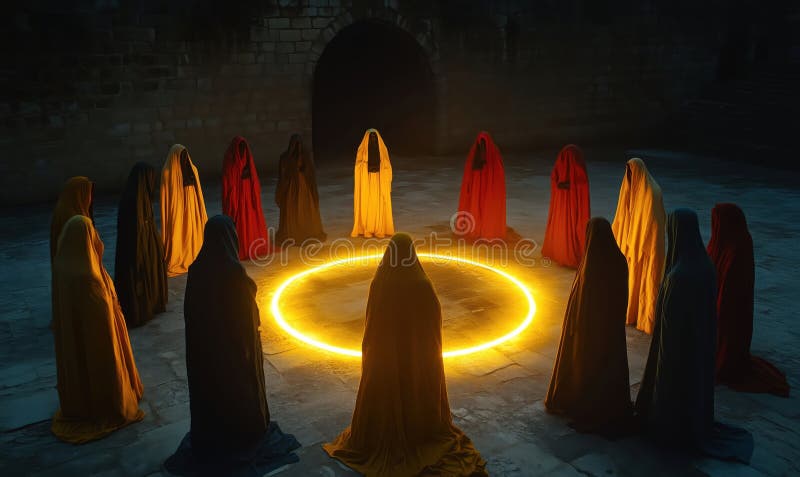 Mysterious Cloaked Figures Performing Ritual in Glowing Circle at Night ...