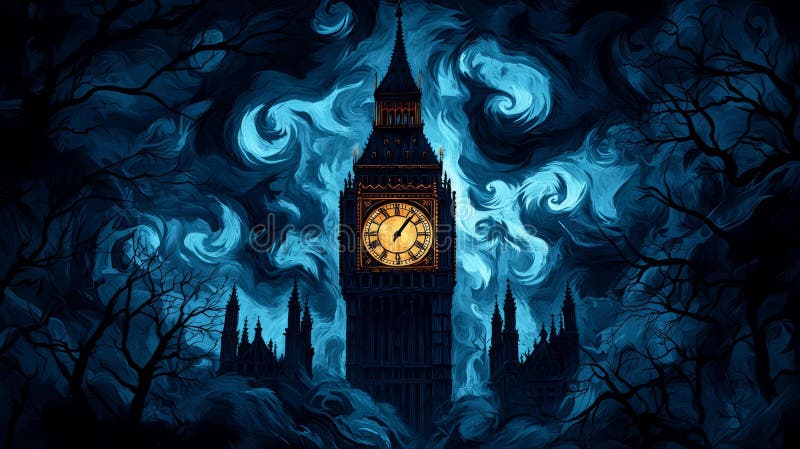 Mysterious Clock Tower Illuminated by Full Moon Surrounded by Dark ...