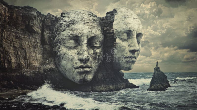 Mysterious Coastal Landscape with Colossal Stone Faces Emerging from ...
