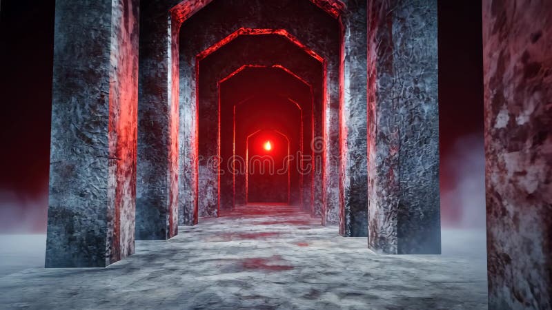 Red Light Illuminating Mysterious Corridor with Pillars and Smoke Stock ...