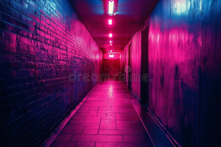 Mysterious Corridor Illuminated by Red Lights and a Blue Exit at the ...