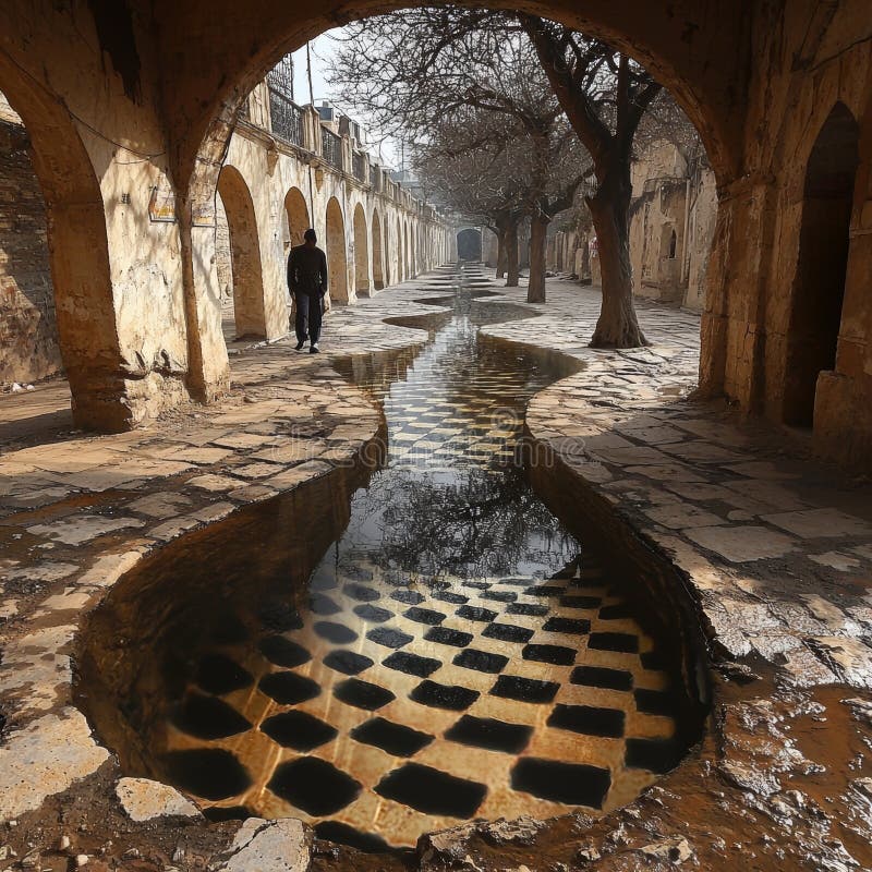 Mysterious Corridor with Optical Illusion Reflection and Ancient ...