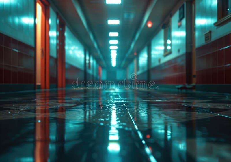 Mysterious Corridor with Reflective Floor Stock Illustration ...