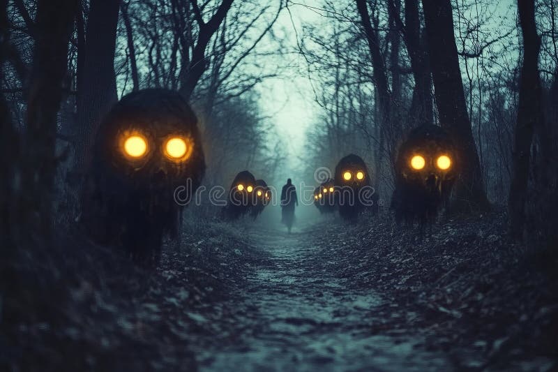 Mysterious Creatures in Dark Forest Pathway at Dusk Stock Illustration ...