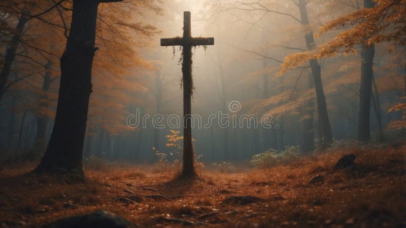 Mysterious Cross in Autumnal Forest Clearing with Peaceful Atmosphere ...