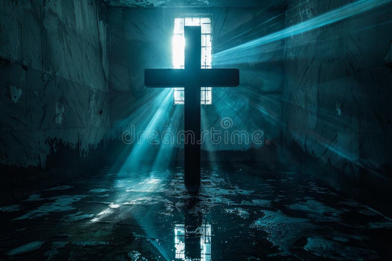 Mysterious Cross with Rays of Light in Dark Room Stock Image - Image of ...