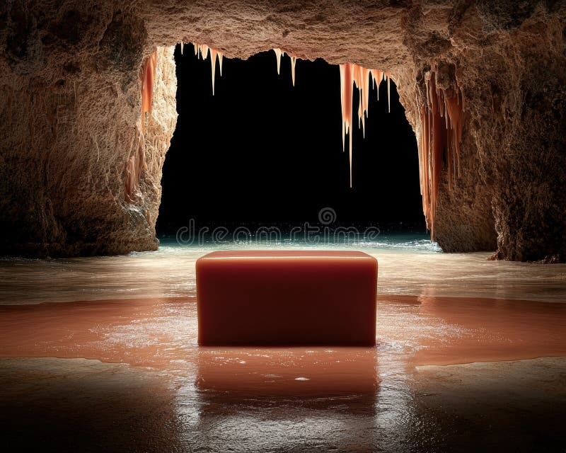 A Mysterious Cube in a Cave with Water and Stalactites. Stock ...