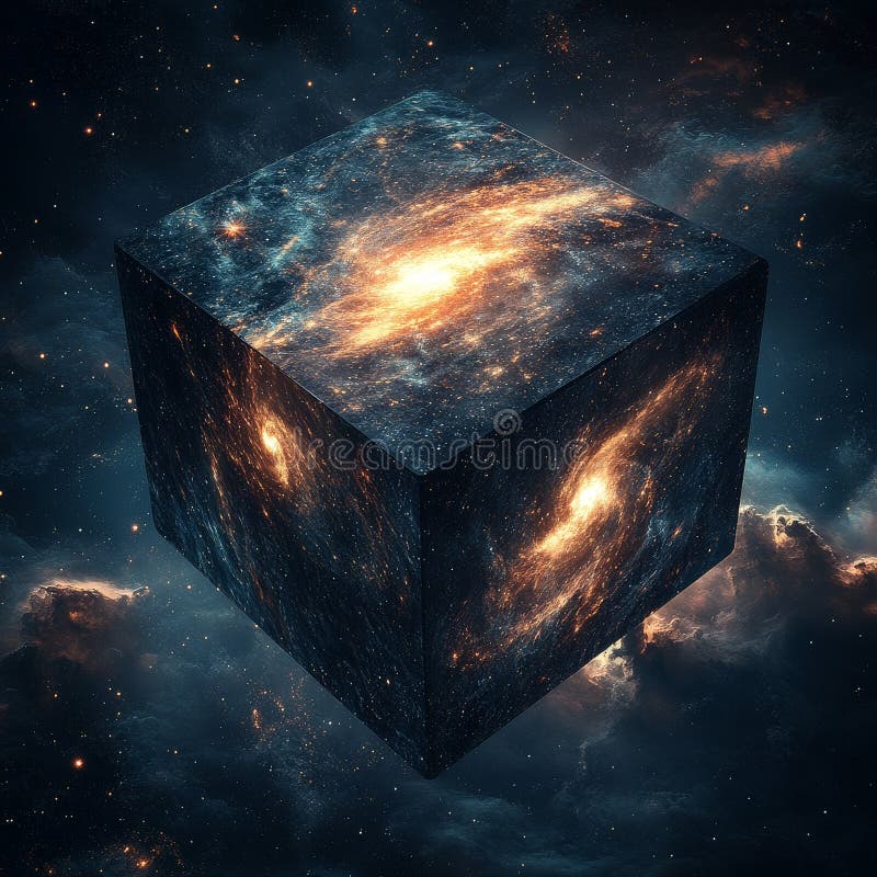 Mysterious Cubic Galaxy Floating in Outer Space Stock Illustration ...