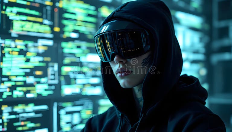 Cyberpunk Woman Hacker Goggles Coding Digital Art Stock Illustration ...