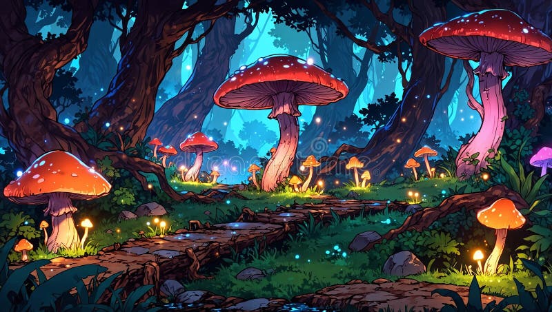 Mysterious 2D Enchanted Forest with Glowing Mushrooms and Hidden ...