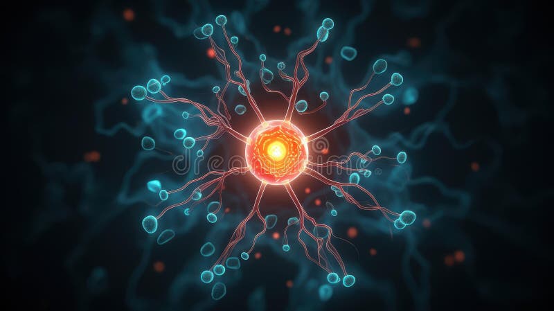 Mysterious Dark Blue Background with Vibrant Orange Bio Elements and ...