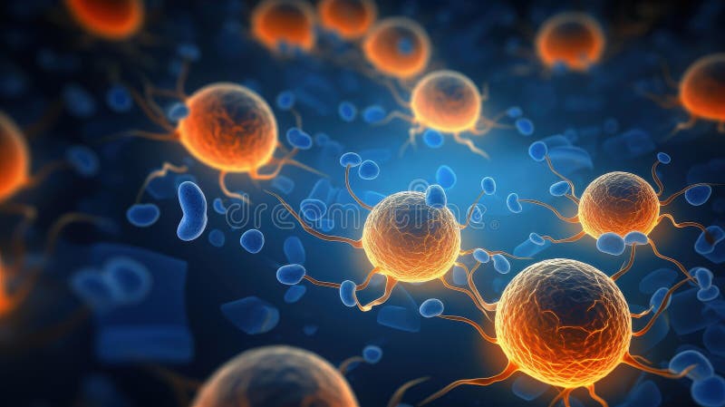 Mysterious Dark Blue Background with Vibrant Orange Bio Elements and ...