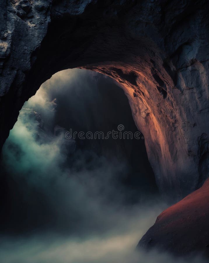 Mysterious Dark Cave Arch with Swirling Mist. Stock Photo - Image of ...