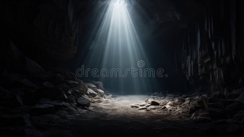 Mysterious Dark Cave with Light Rays Coming from the End. 3D Rendering ...