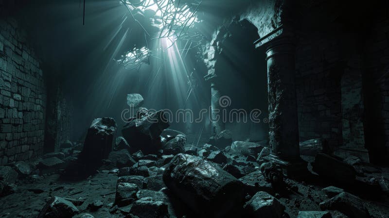Mysterious Dark Chamber with Falling Stones and Light Rays Stock ...