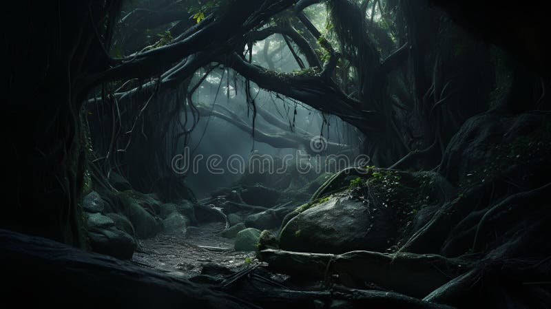 Mysterious Dark Forest with Big Tree Roots. 3d Render Stock ...