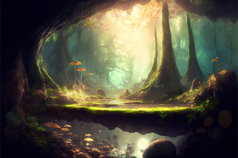 Mysterious Dark Forest. Fantasy Landscape. 3D Rendering Stock ...