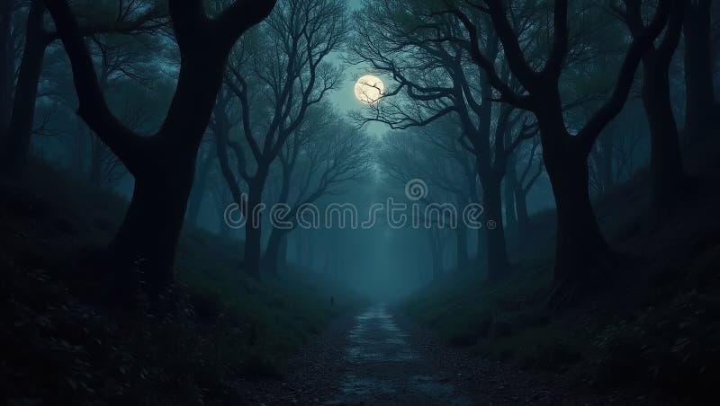 Mysterious Dark Forest at Midnight with a Hidden Path Stock ...
