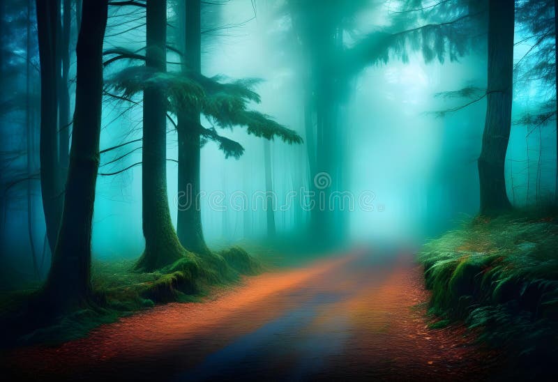 Mysterious Dark Forest. Dark and Moody Forest Road Covered in Mist ...