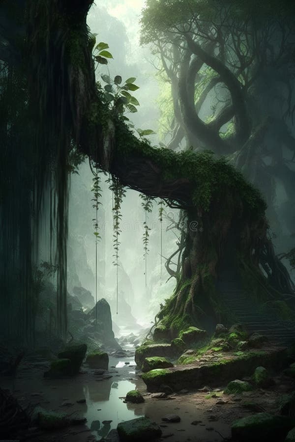 Mysterious Dark Forest with Old Tree and Waterfall in the Morning Stock ...