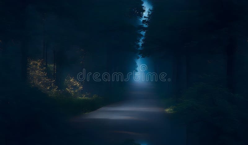 Mysterious Dark Forest with a Path Leading Towards the Light at Night ...